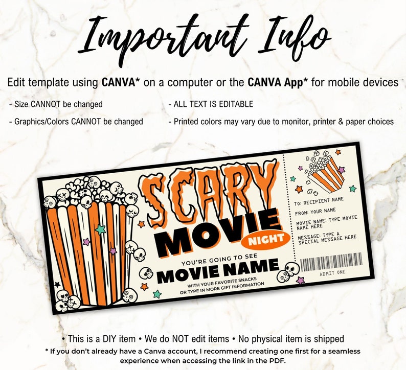 Halloween Scary Movie Night Ticket, Gift Certificate, Movie Ticket ...