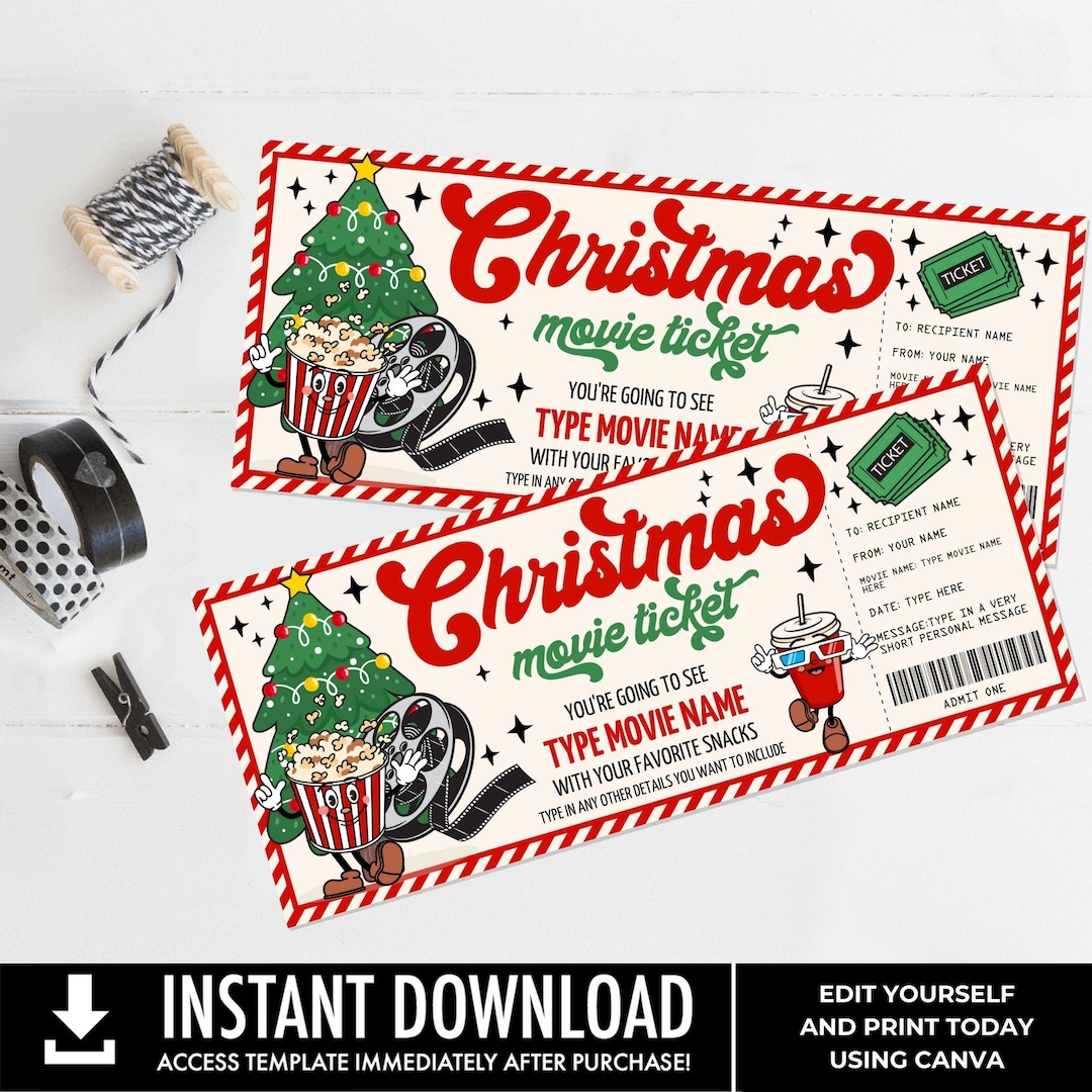 Retro Christmas Movie Tickets, Movie Tickets, Movie Night Gift Voucher ...
