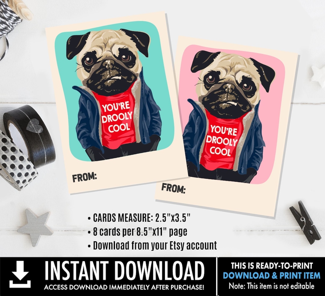 Printable Dog Valentine's Day Cards, You're Drooly Cool Cards, Kids ...