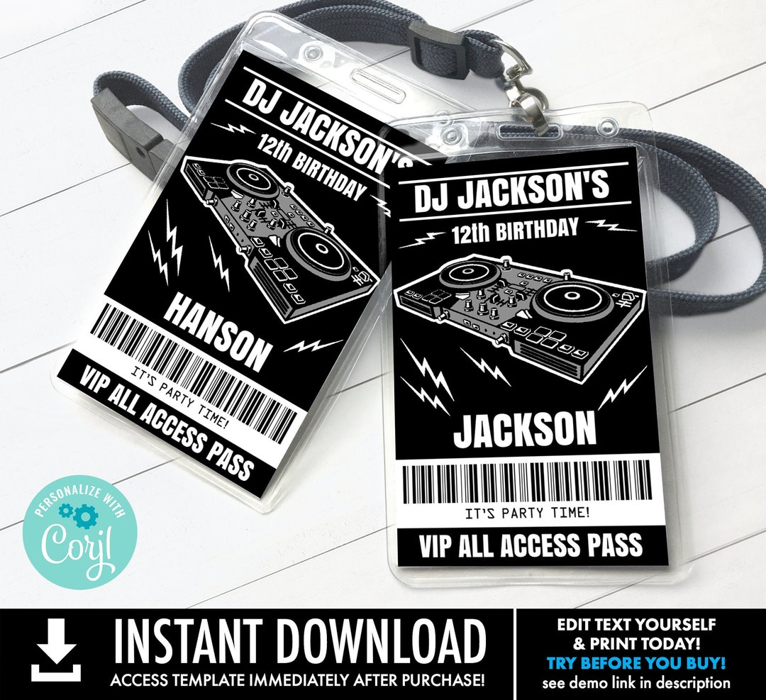 DJ Party Badge VIP Pass, Disc Jockey Birthday, All Access Pass, I.D ...