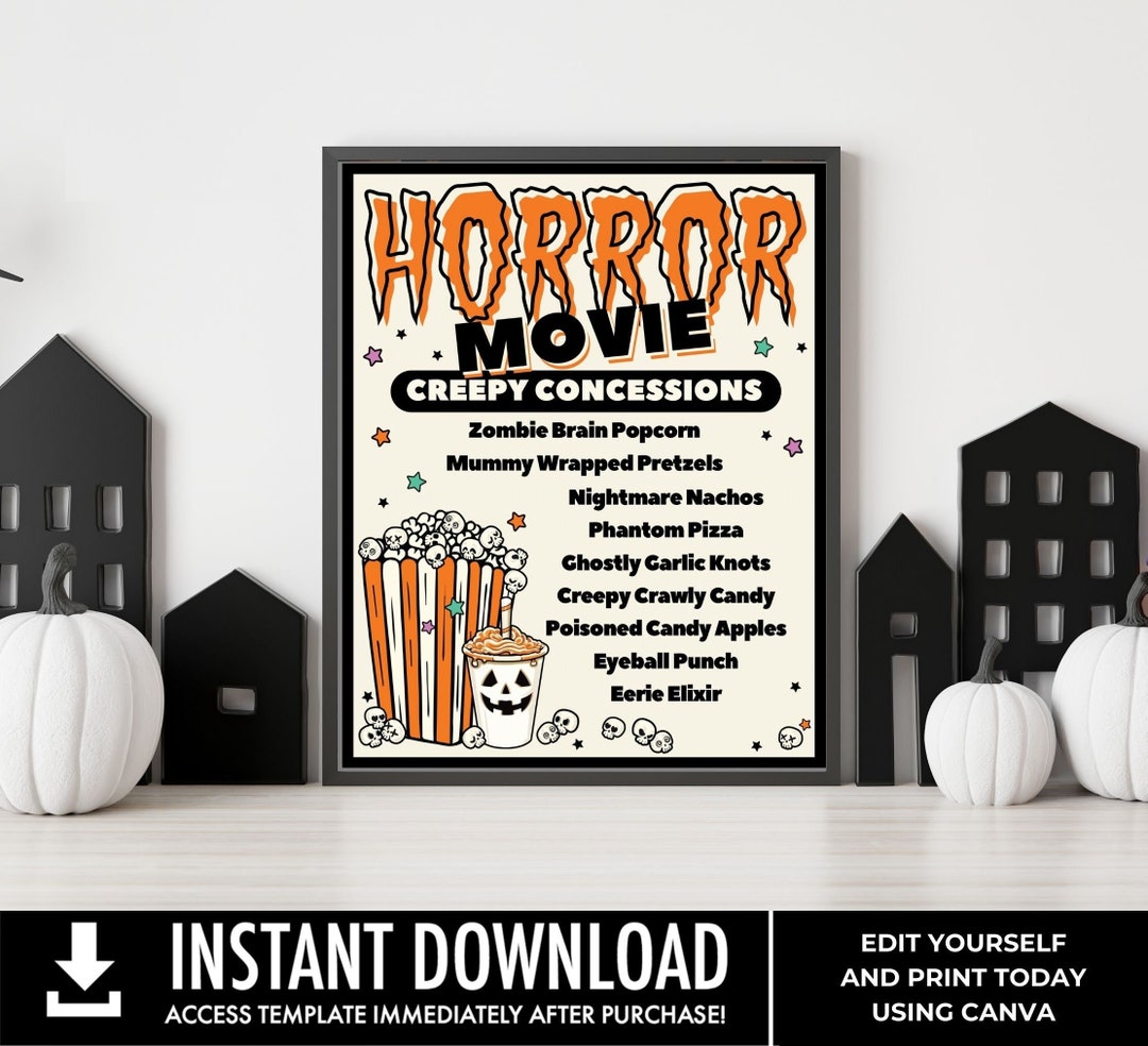 Halloween Movie Concession Sign, Horry Movie Night Menu Signs, Spooky ...