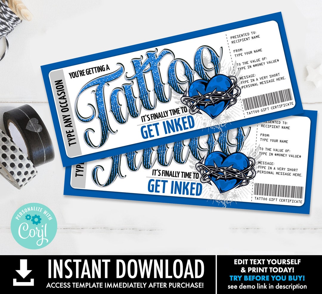 Tattoo Gift Certificate - Heart Design - Get Inked Gift Card Voucher ...