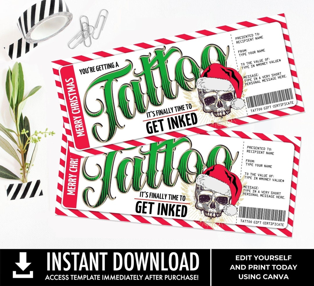 Tattoo Christmas Gift Certificate, Skull Design, Get Inked Gift Card ...
