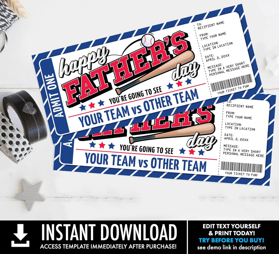 Happy Father's Day Baseball Ticket Gift Editable Template, Surprise ...