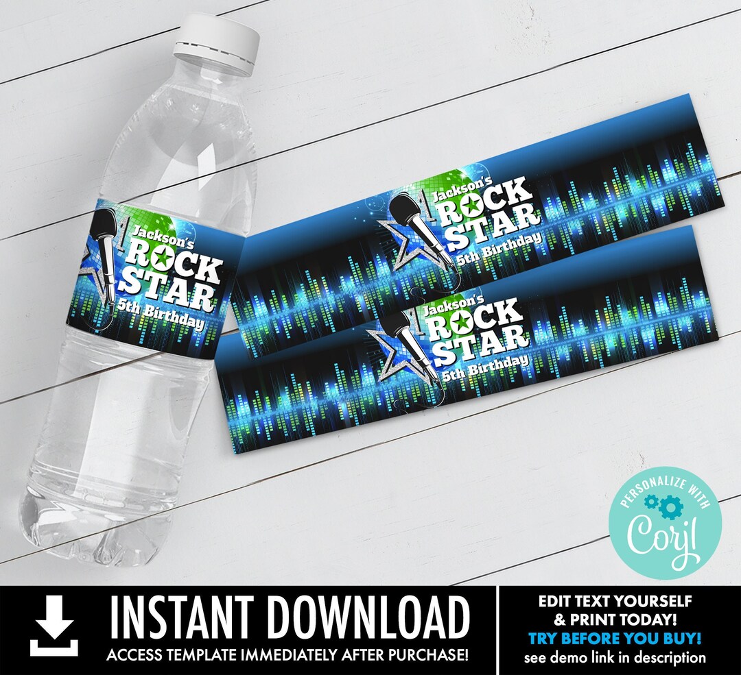 Rock Star Water Bottle Labels, Rock Star Party, Pop Star Party, Drink ...