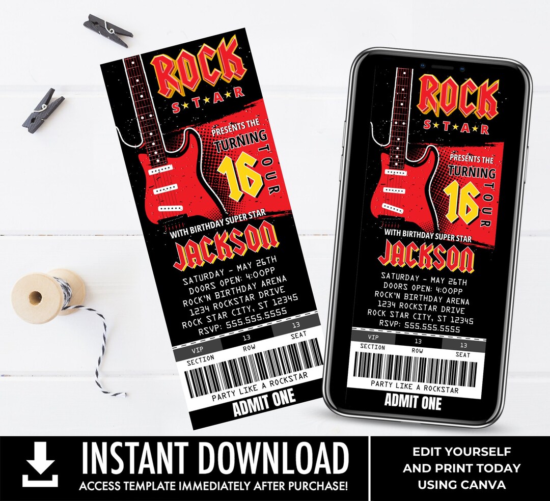 Rockstar Party Ticket Invitations, Party Like a Rockstar, Rock N Roll ...