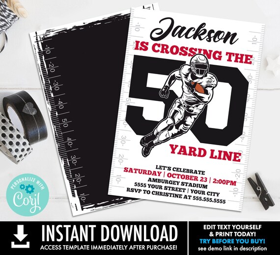 50th Football Party Invitation - Crossing the 50 Yard Line,50th ...