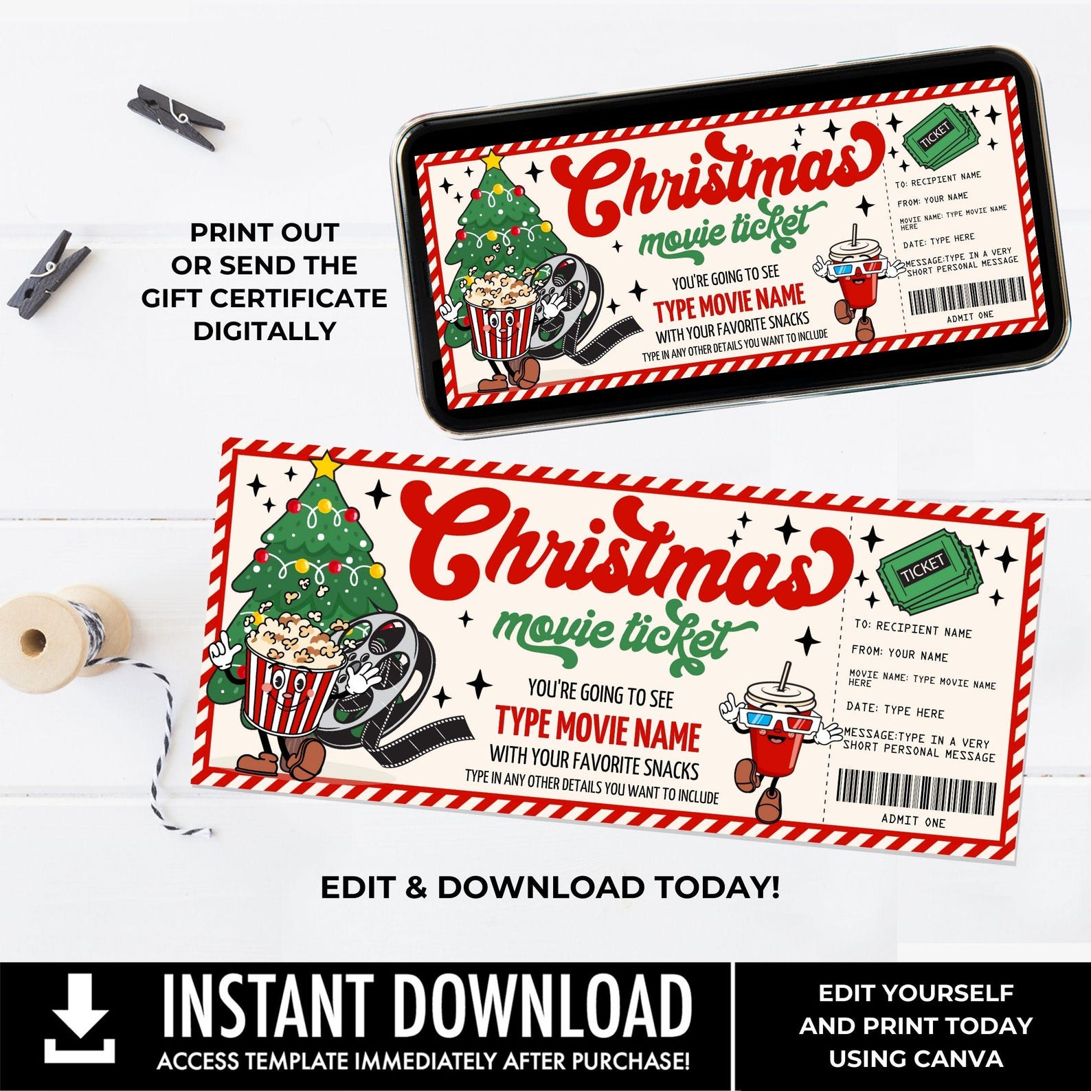 Retro Christmas Movie Ticket Gift Certificate, Movie Night Gift Voucher ...