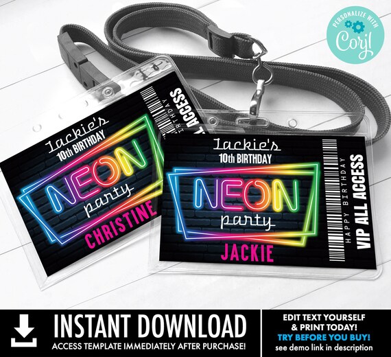 Neon Party VIP Badge, Neon Glow Theme, Glow Party All Access Pass ...