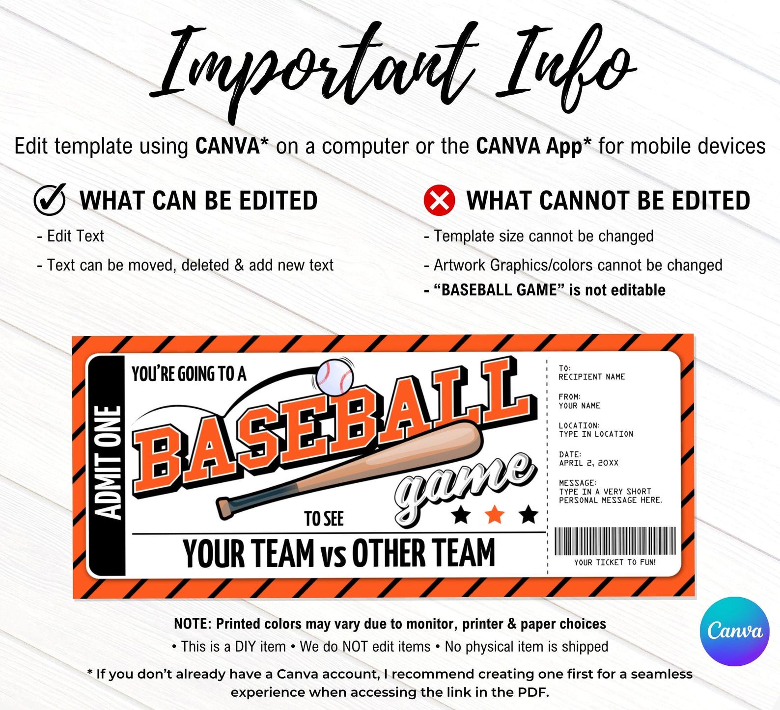 Baseball Ticket Gift Editable Template, Surprise Baseball Game Ticket ...