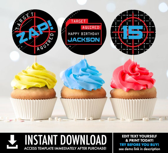 Laser Tag Cupcake Topper - 2" Circle Tag, Square Gift Tag, Laser Tag ...