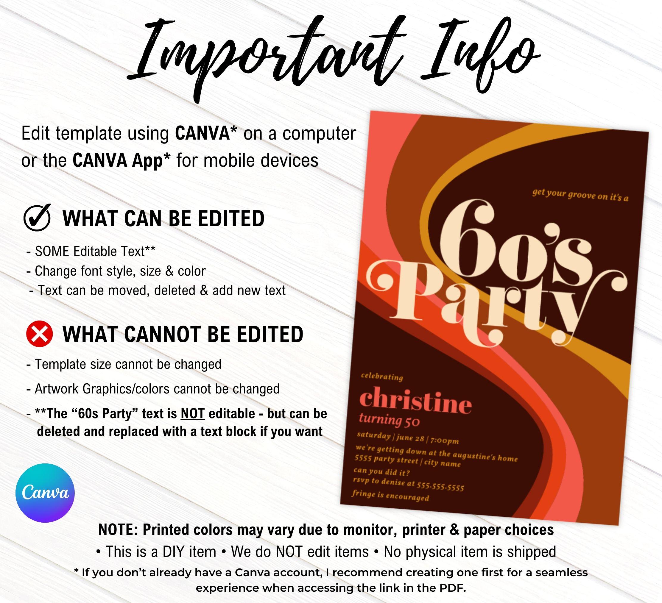 Editable 60s Get Your Groove on Invite, Retro 60's Let's Get Groovy ...