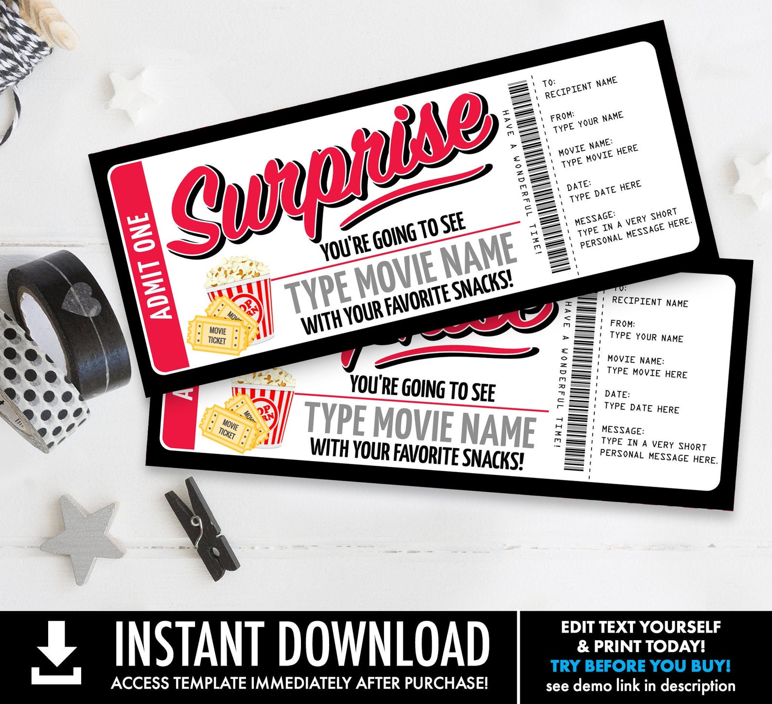 Movie Ticket Gift Certificate Family Movie Night Surprise - Etsy