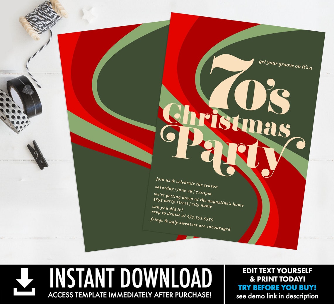 Editable 70s Groovy Christmas Party Invite, Retro 70's Hippie Christmas ...