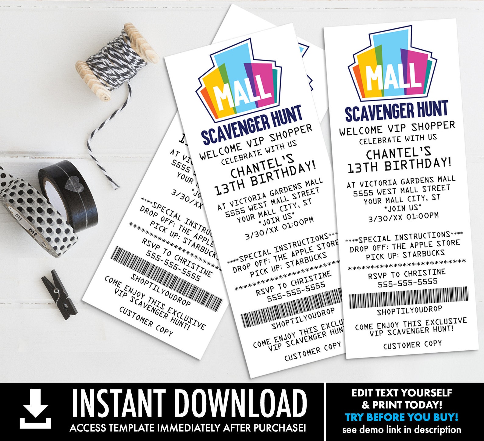 Mall Scavenger Receipt Invitation Birthday Party Receipt - Etsy
