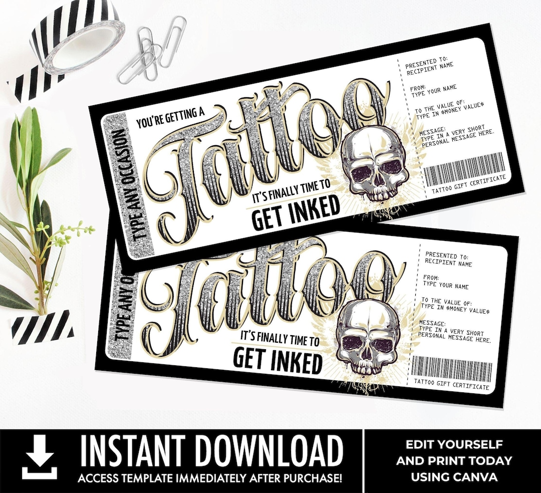 Tattoo Gift Certificate, Skull Design, Get Inked Gift Card Voucher ...