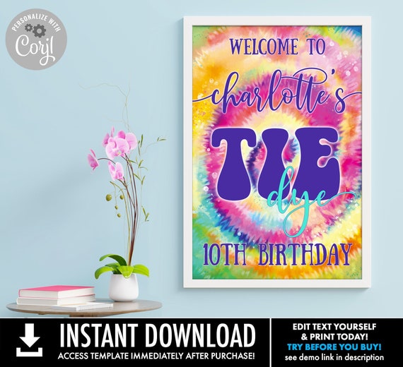 Editable Tie Dye Party Welcome Sign - 24x36 Sign, Welcome Birthday Sign ...