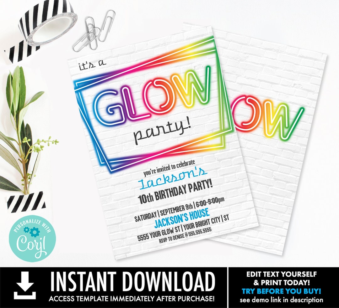 Neon Glow Party Invitation - Neon Glow Birthday, Glow Party Theme | You ...