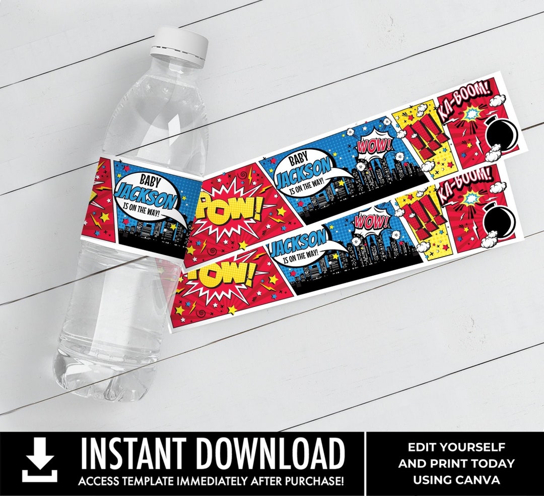 Baby Shower Superhero Water Bottle Label - Superhero Favor, Drink ...