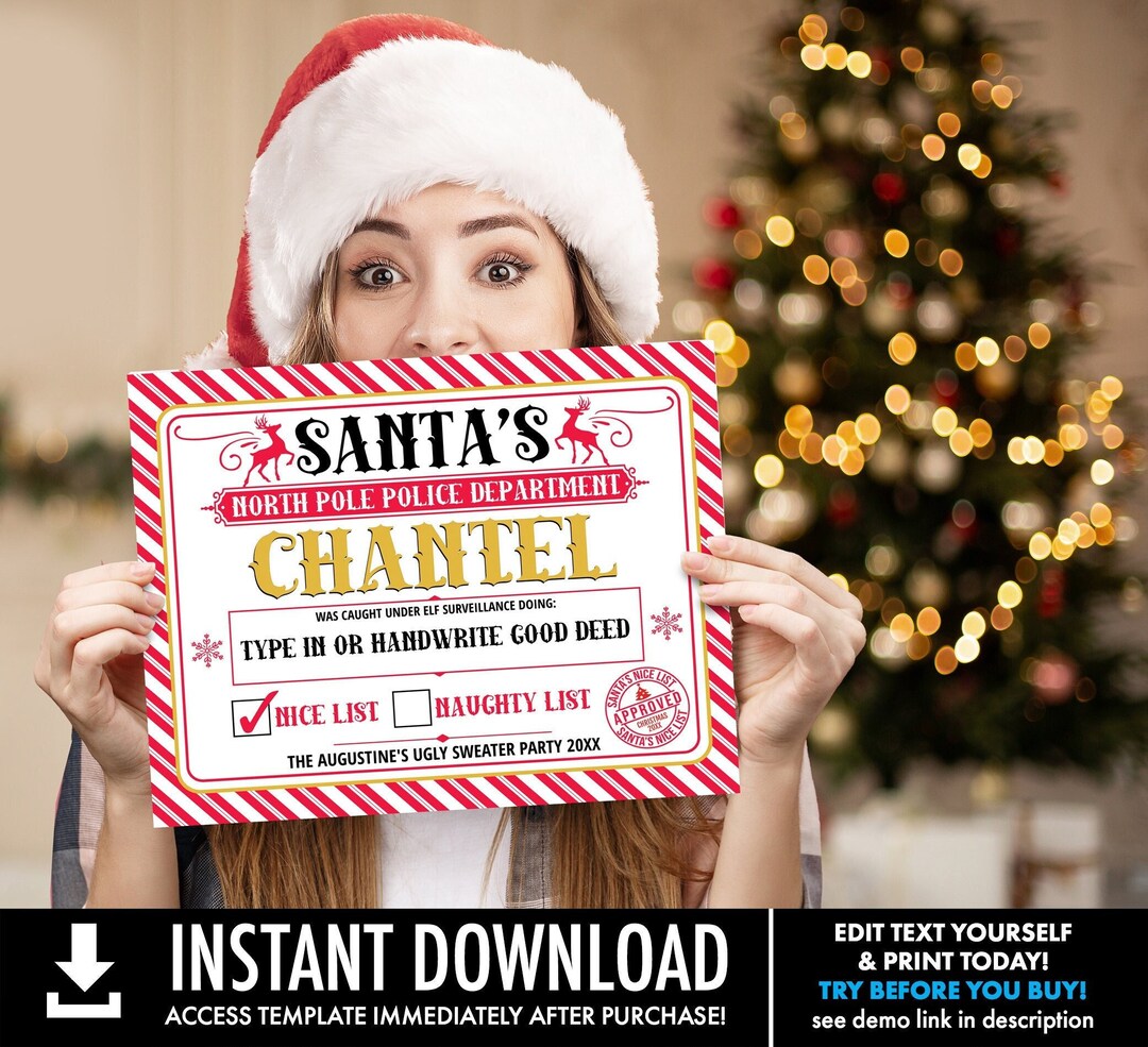 Christmas Mugshot - Photo Booth Prop, Santa's Nice Mugshot, Elf Report ...