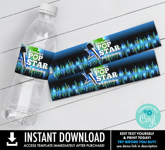 Pop Star Water Bottle Labels, Pop Star Party, Rock Star Party, Drink ...