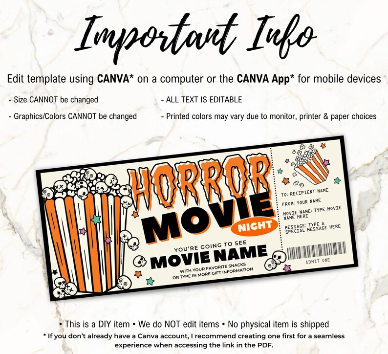 Halloween Horror Movie Night Ticket, Gift Certificate, Movie Ticket ...
