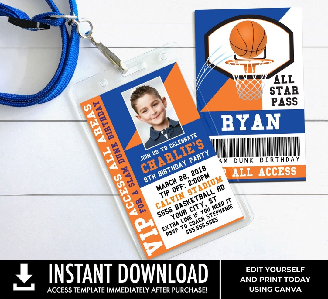 Basketball VIP ID Badge Invitation - Photo Basketball Invite Badge,all ...