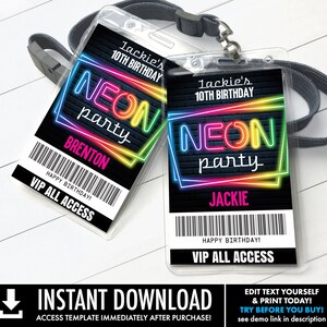 Neon Party VIP Badge, Neon Glow Theme, Glow Party All Access Pass ...