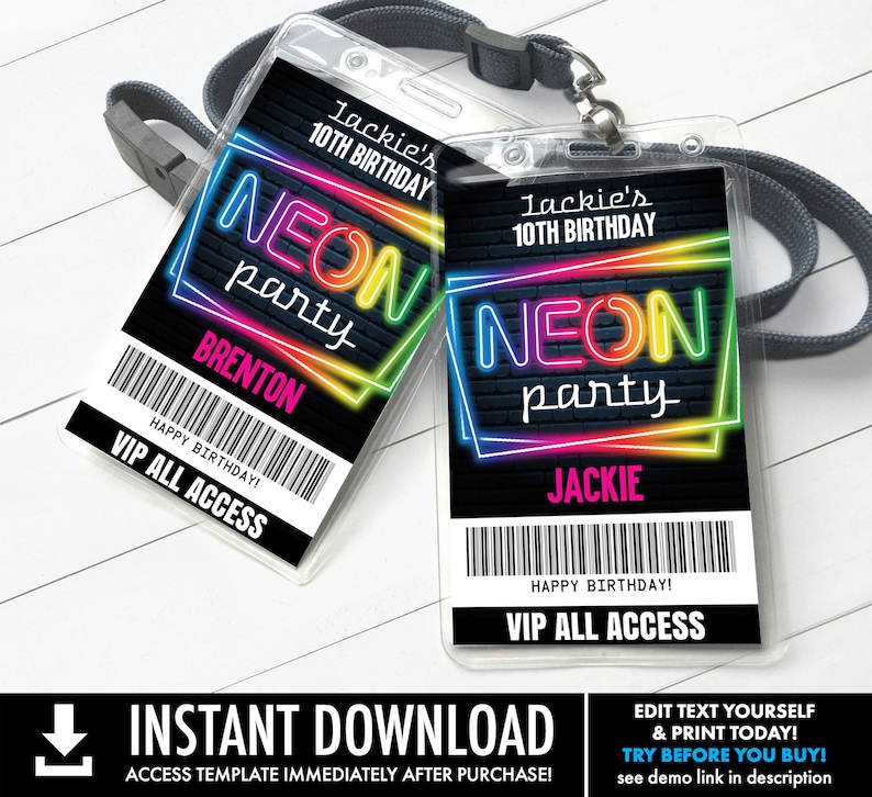 Neon Party VIP Badge, Neon Glow Theme, Glow Party All Access Pass ...