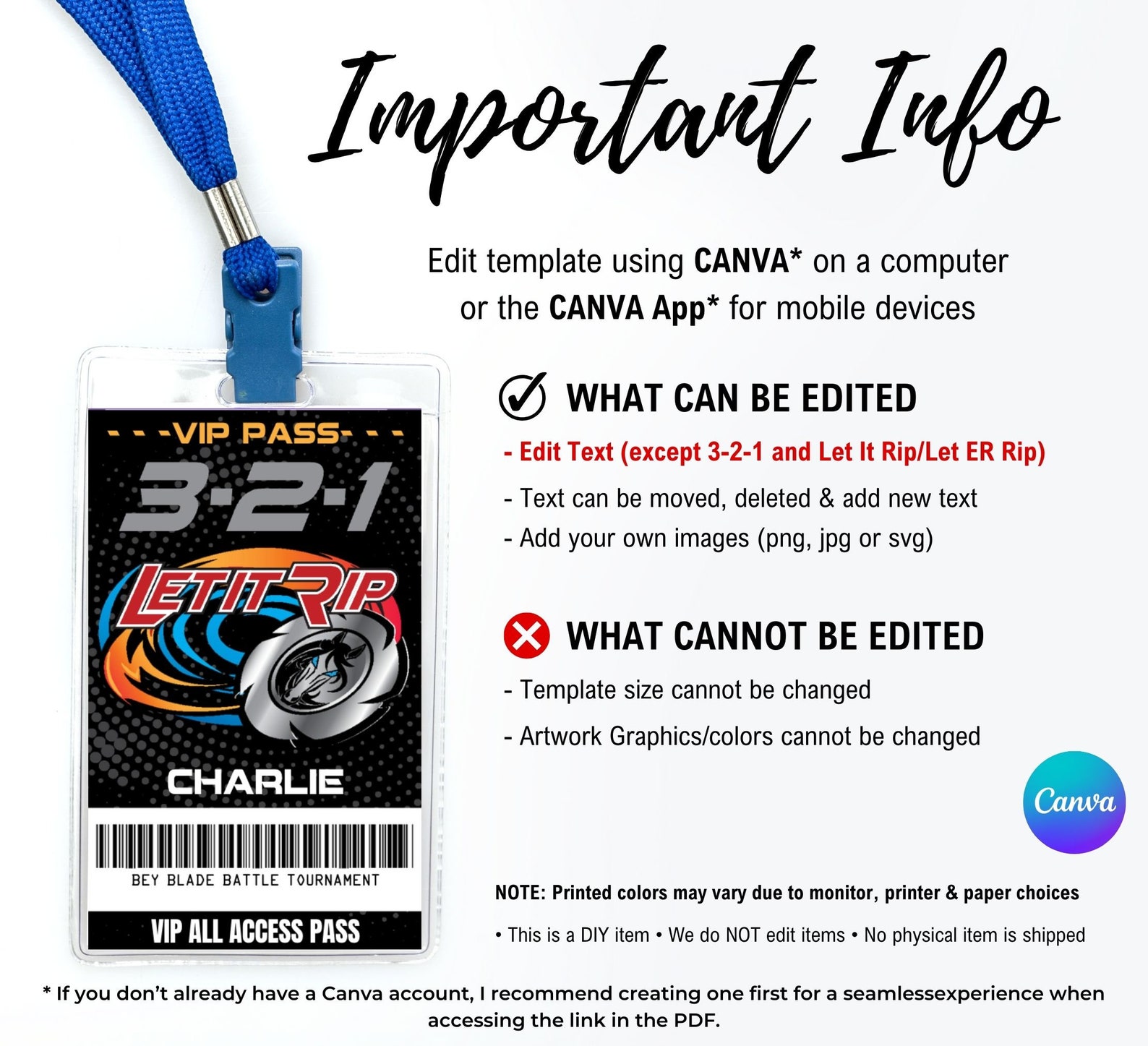 Blade Tournament I.D. Badges, Blade Inspired VIP Badges, All Access ...