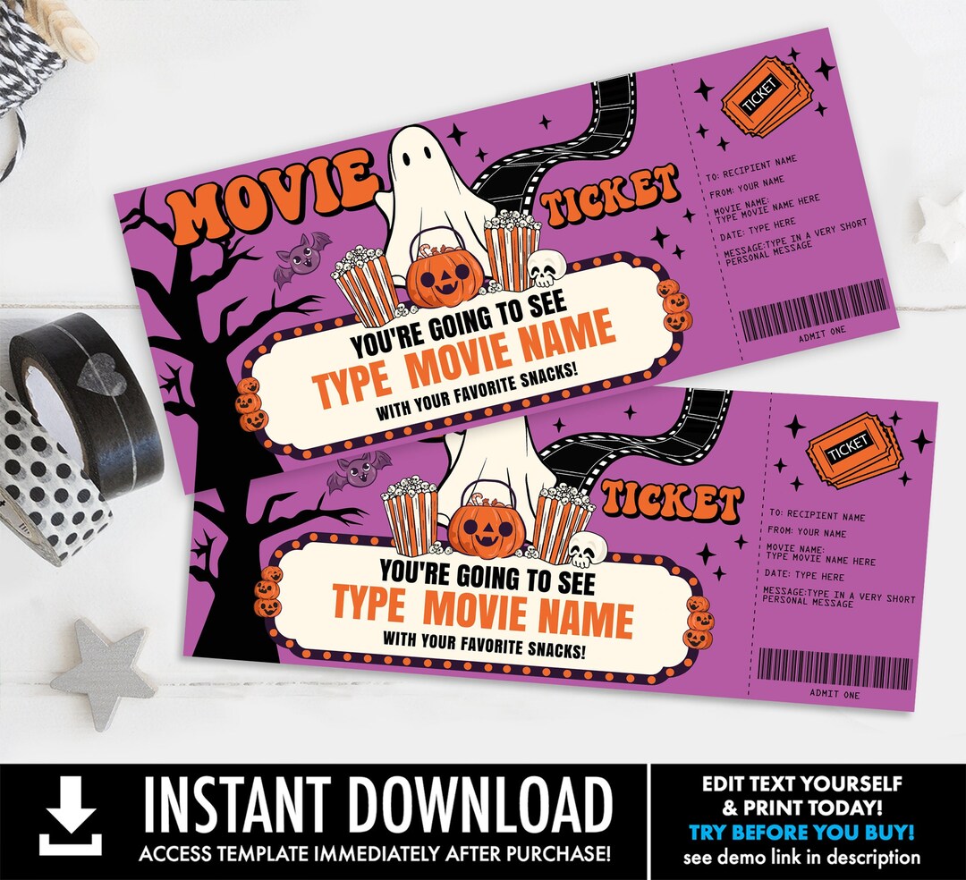 Halloween Movie Ticket, Halloween Movie Night Voucher, Gift Certificate ...