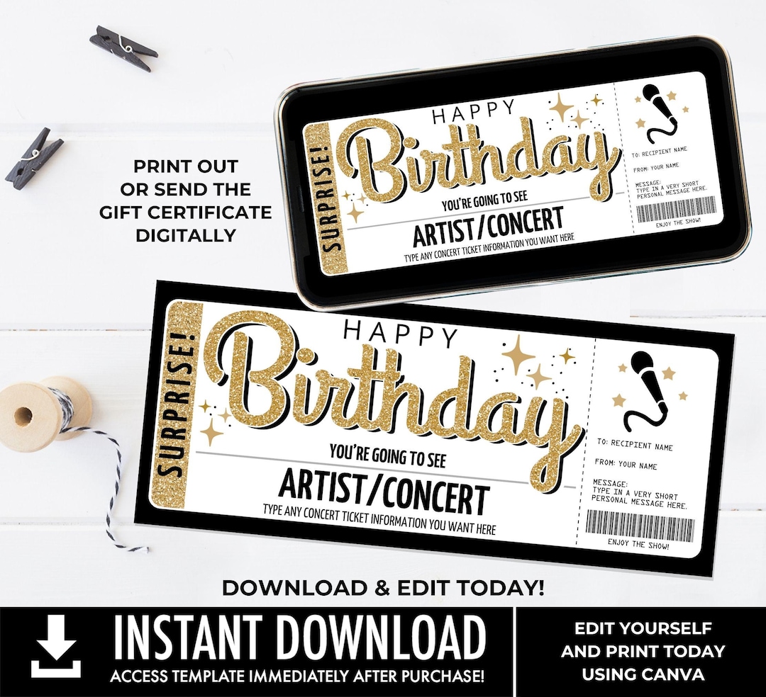 Birthday Concert Ticket Gift Certificate, Concert Surprise Gift Voucher ...