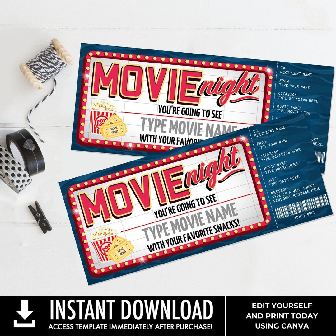 Movie Night Ticket Gift Certificate, Movie Ticket, Movie Marquee ...