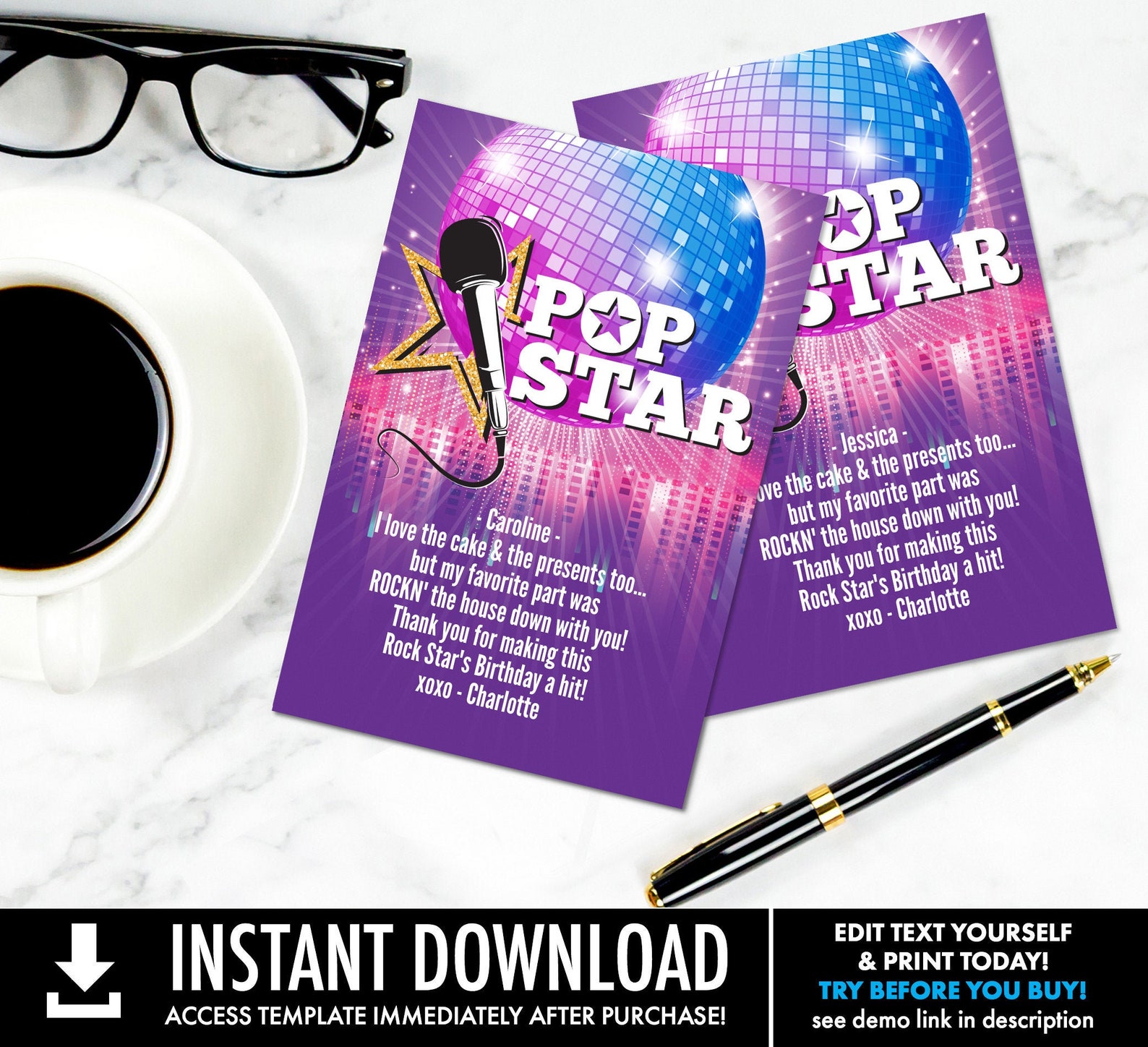 Pop Star Party Thank You Card - Thank You, Birthday Party, Popstar ...