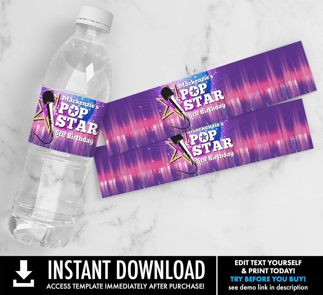 Pop Star Water Bottle Labels, Pop Star Party, Rock Star Party, Drink ...