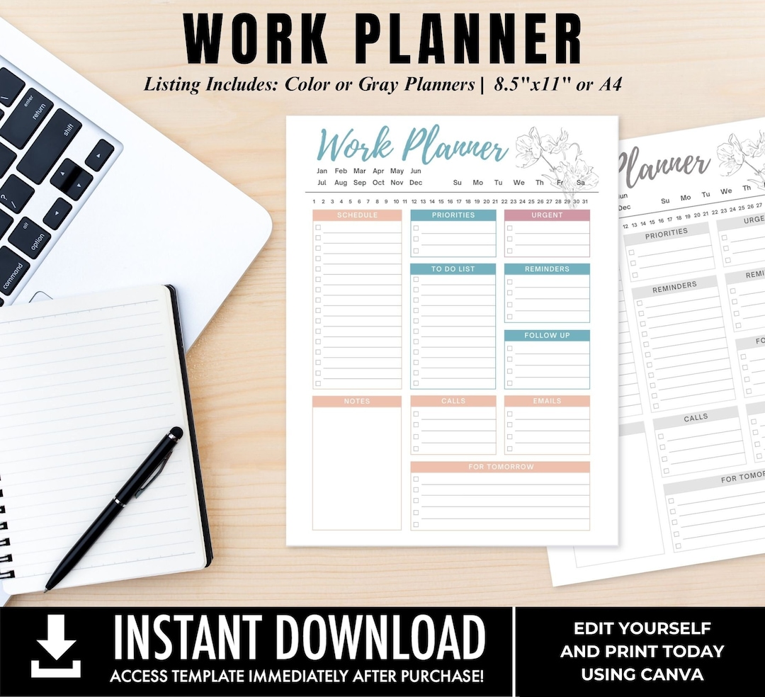 Editable Work Planner, Work Day Organizer, Printable Daily Planner ...