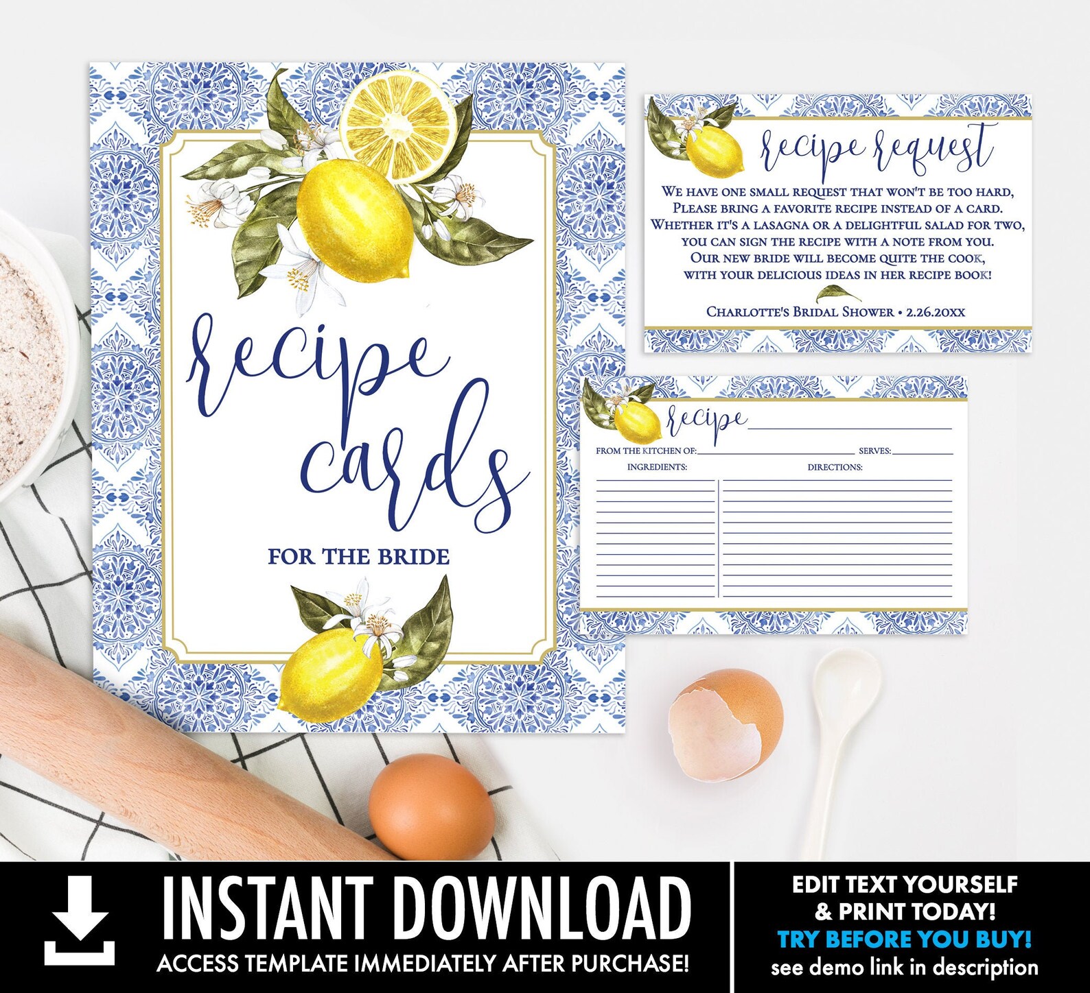 Recipe Card Recipe Request & Sign 3-piece Set-tuscan Lemon | Etsy
