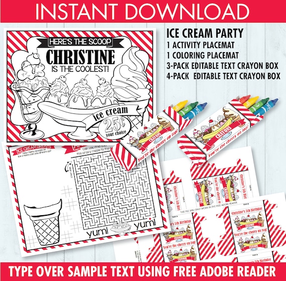 Ice Cream Party Placemat & Crayon Box - Ice Cream Birthday, Activity ...