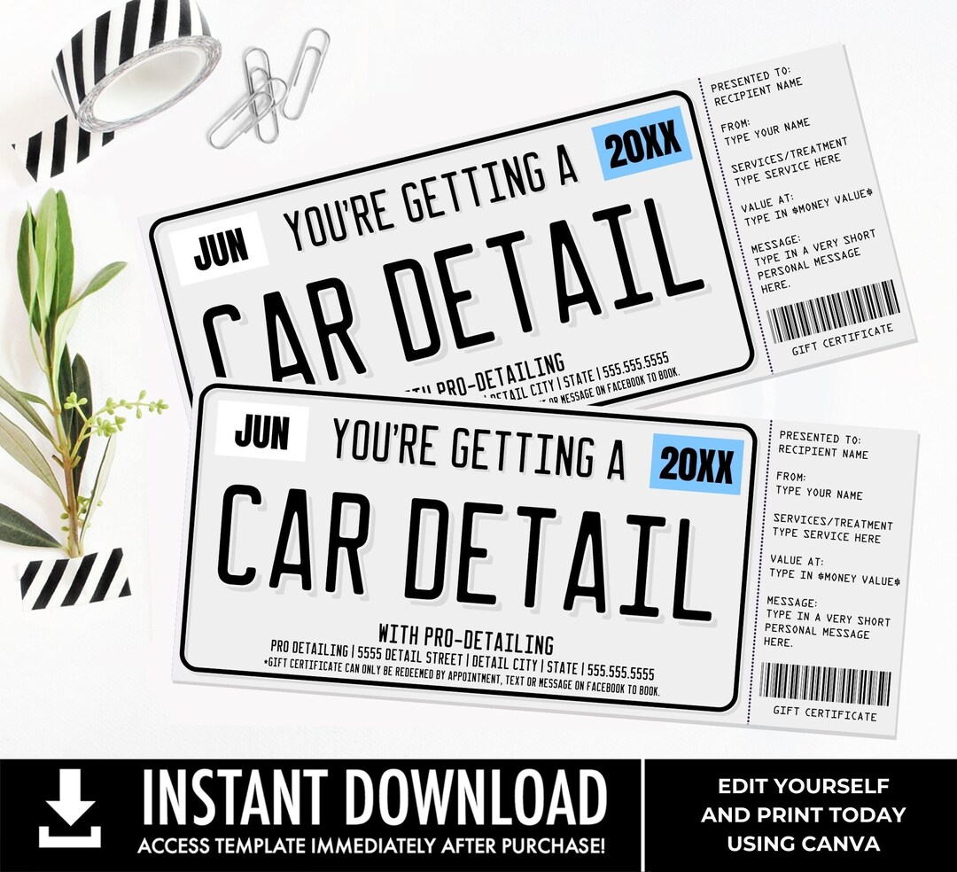 Car Detailing Gift Certificate,license Plate Car Detail Surprise Gift ...