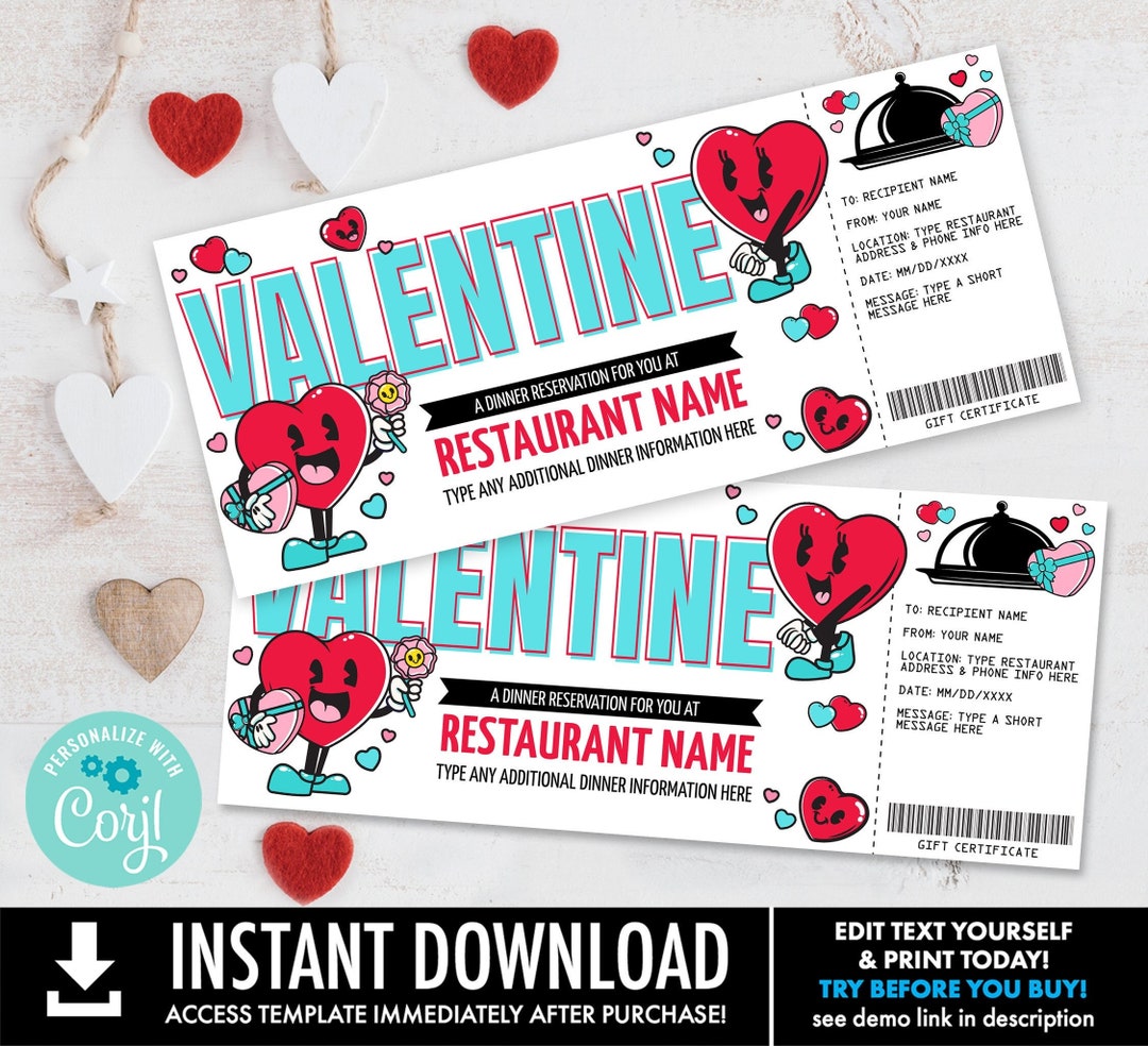 Valentine Dinner Gift Certificate, Restaurant Gift Card, Night Out ...