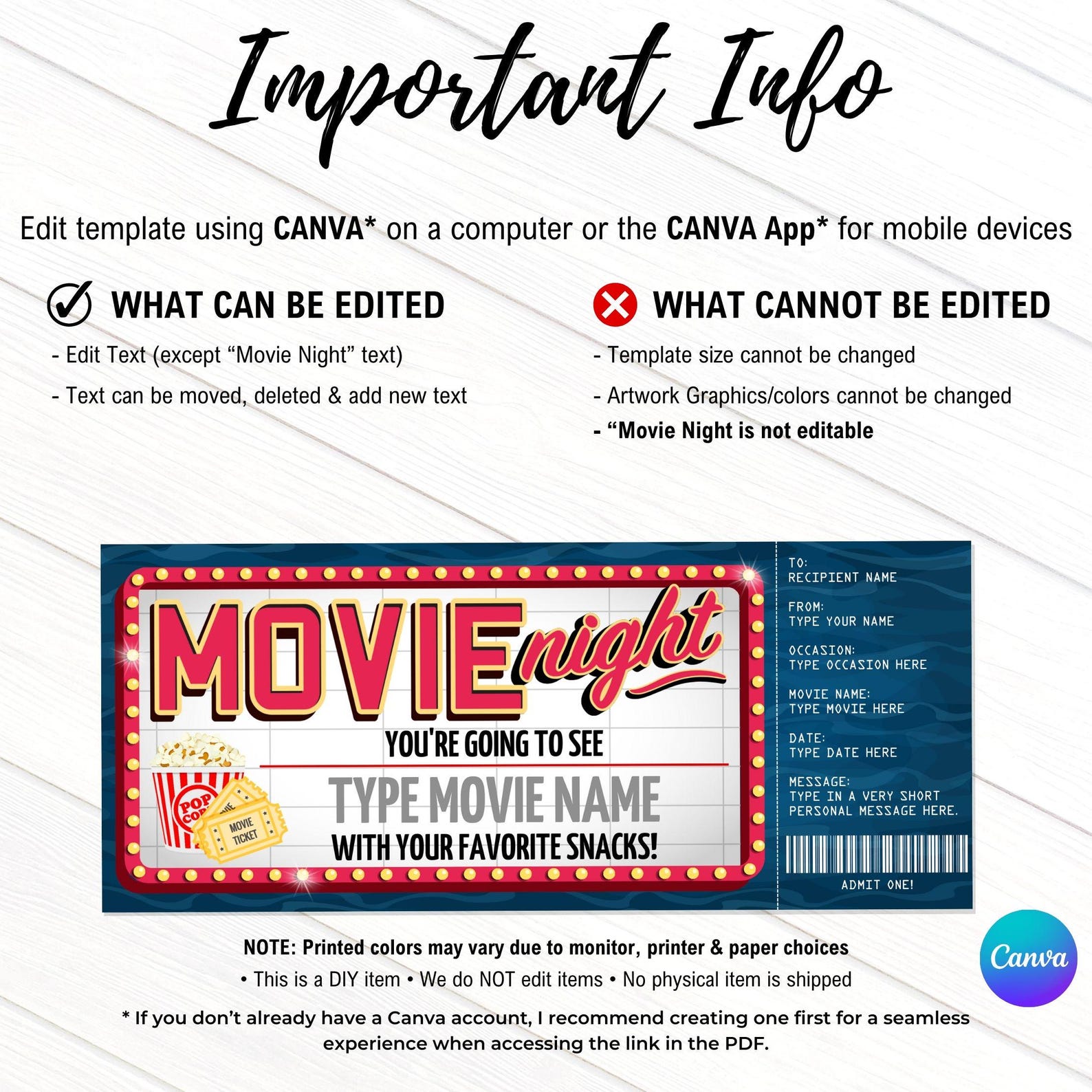 Movie Night Ticket Gift Certificate, Movie Ticket, Movie Marquee ...