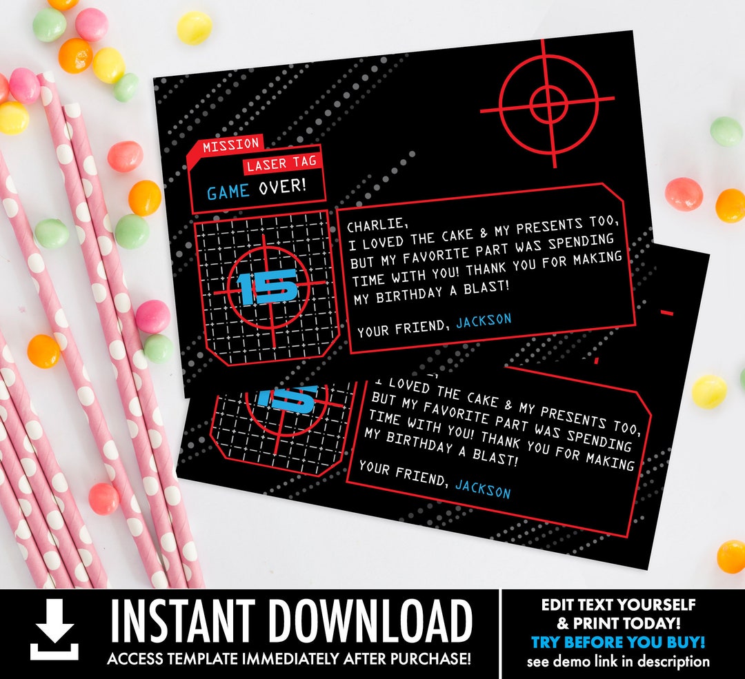 Laser Tag Thank You Card - 4"x6" Thank You Notes, Laser Tag Birthday ...