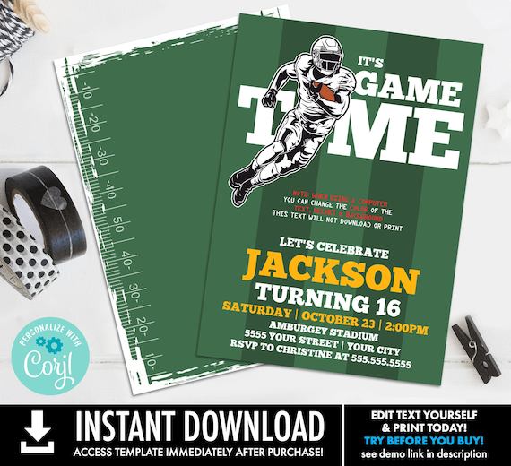 Football Party Invitation - It's Game Time, Football Invitation ...