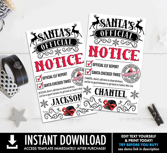 Santa's Naughty List 3x5 Card - Elf Report, Santa's Official Notice ...