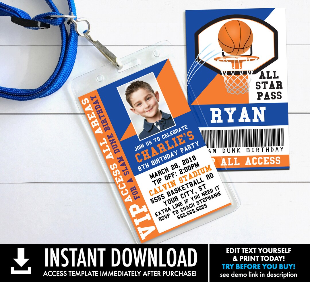 Basketball VIP ID Badge Invitation Photo Basketball Invite Badge,all ...
