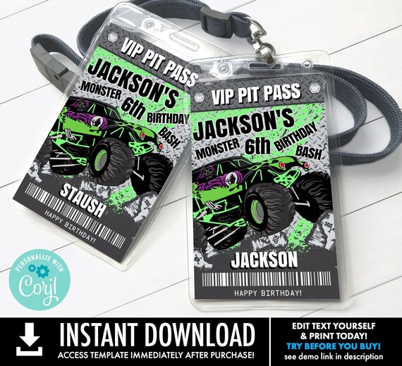 Monster Truck Badge VIP Pass, Monster Truck Birthday, All Access Pit ...