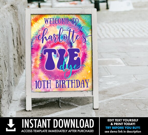 Editable Tie Dye Party Welcome Sign - 16x20 Sign, Welcome Birthday Sign ...