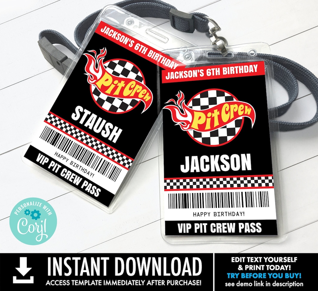 Pit Crew Badge,cars Birthday Party,vip All Access Badge,pit Crew ID ...