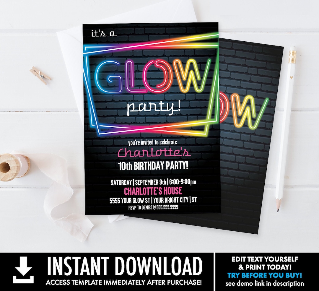 Neon Glow Party Invitation - Neon Glow Birthday, Glow Party Theme, Pink ...
