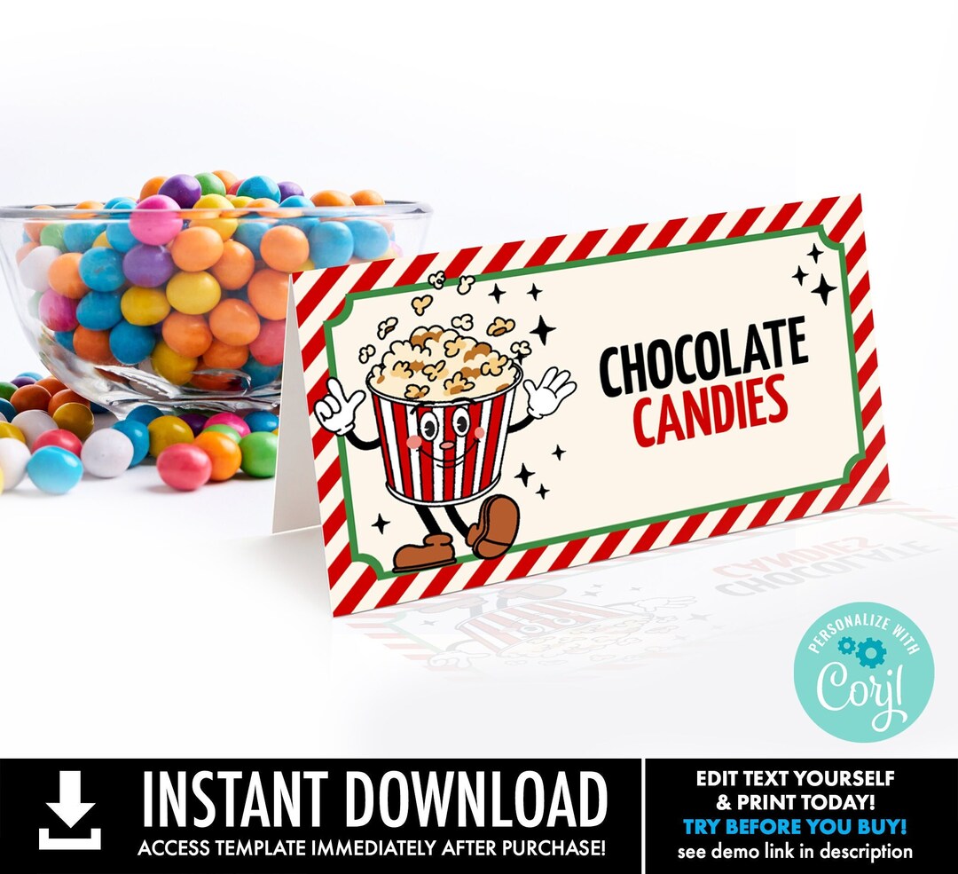 Retro Christmas Movie Food Labels, Popcorn Toppings Signs,popcorn Bar ...